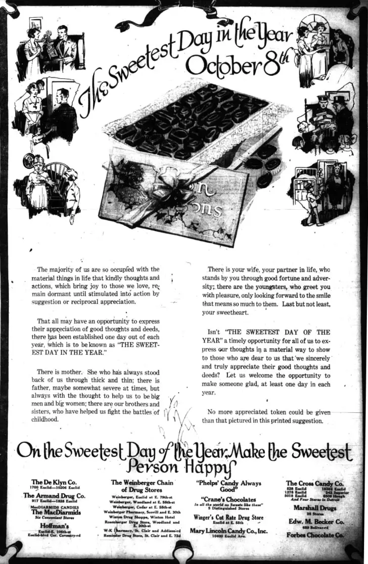 Sweetest Day reklaam, mis avaldati esmakordselt ajakirjas The Cleveland Press 6. oktoobril 1921.