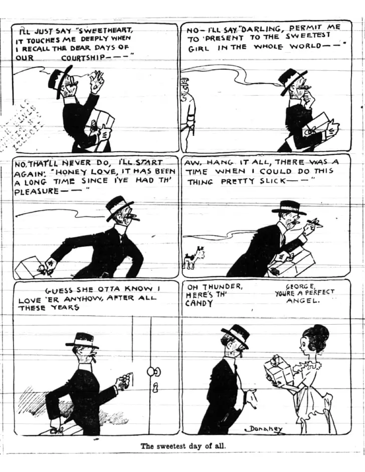 Nplooj ntawv no Sweetest Day cartoon tau luam tawm hauv Cleveland Plain Dealer thaum Lub Kaum Hli 8, 1921.