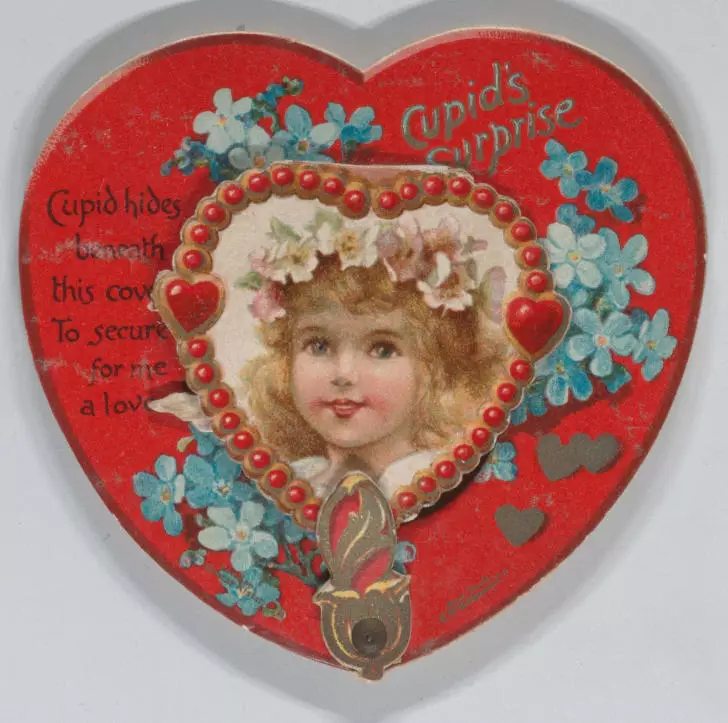 Valentine - mécanique - coeur s'ouvre pour révéler Cupidon, ca. 1875